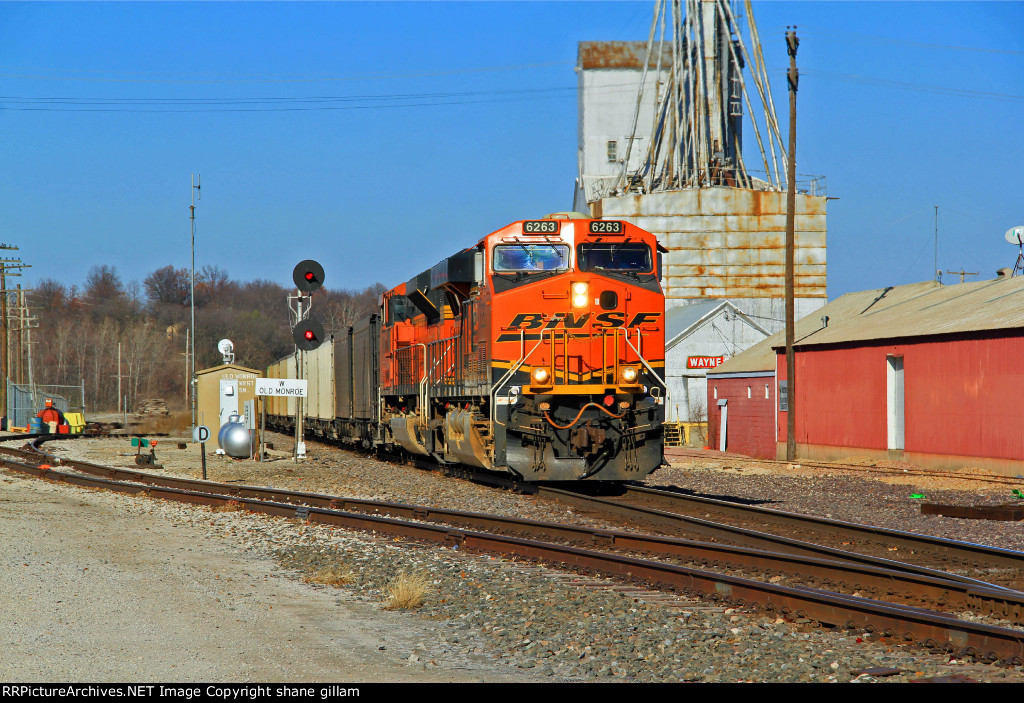 BNSF 6263 Leads Sb with a coal load at old monroe.